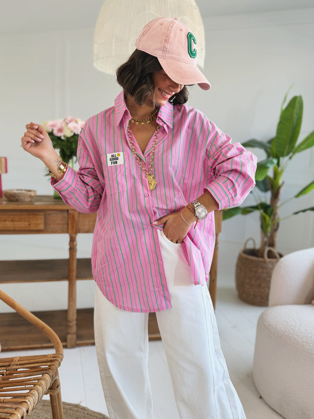 Chemise ALL GOOD FUN rayée rose&vert – Ohlala..!